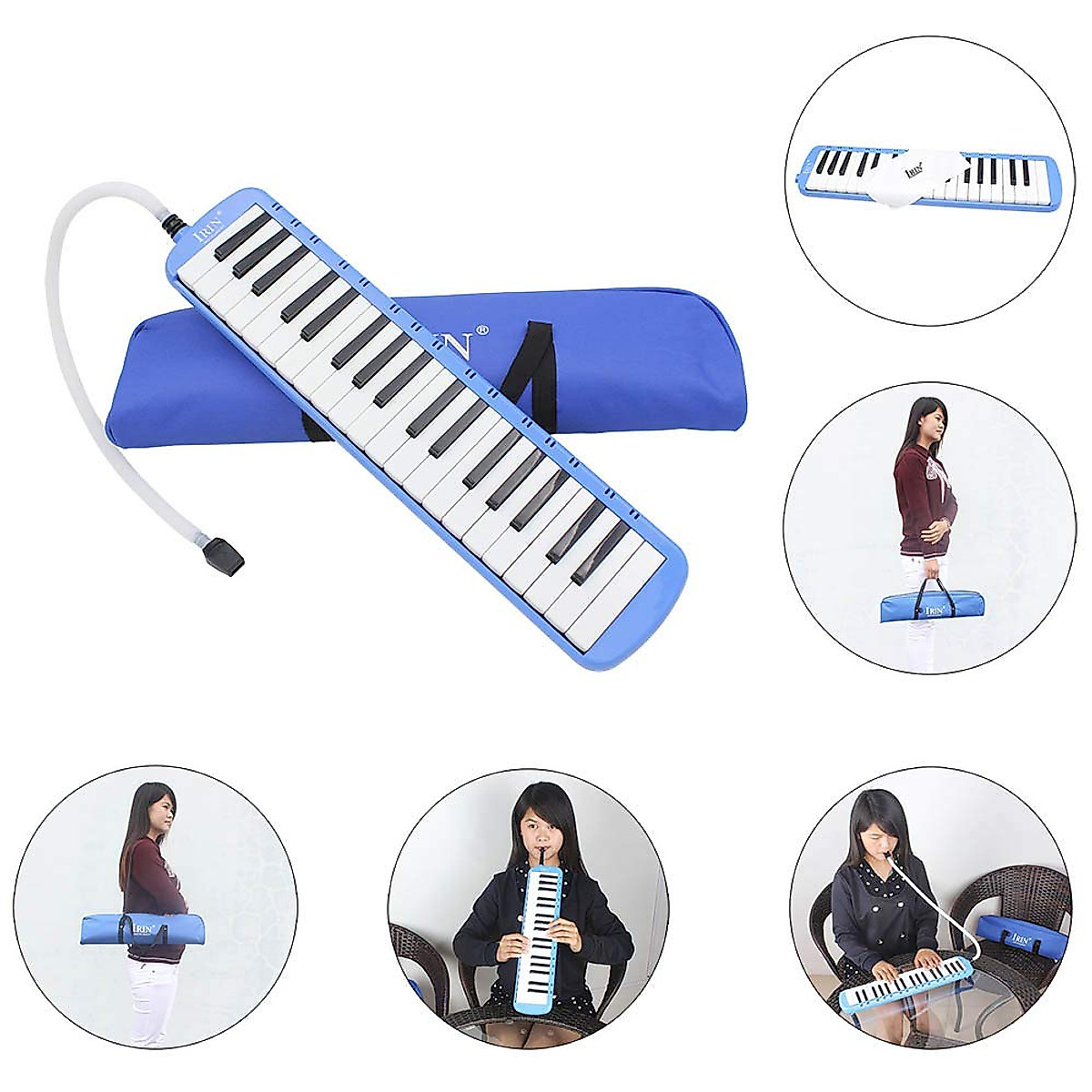Key Mouth Piano Melodica ABS Keyboard Musical Accordions Instrument with Carrying Bag Strap Mouthpiece Portable Blowpipe & Blowpipe Student Class Harmonica with Bag Adults Gift (37 Keys, Blue)