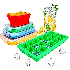 Collapsible Silicone Storage Set of 4 Plus Bonus Ice Tray - BPA Free, Microwave, Dishwasher And Freezer Safe