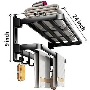 Noffeelink 24 Inch Towel Rack, Shower Towel Rack with Shelf, Towel Shelf for Bathroom, Bathroom Towel Rack with Hooks, Wall Mount Towel Rack No Drill and Screw Mounting (Black)