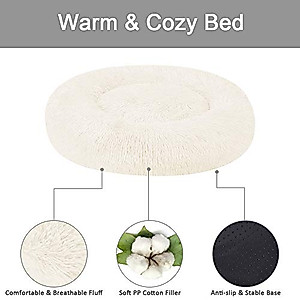 Round Cat Bed Donut Dog Bed, Washable Cuddler Pet Cushion Faux Shag Fur Cat Cot with Bolster and Anti-Slip Base, Self-Warming Plush Cat Den for Kitten, Puppies, Small Medium Size Below 20 Lbs White