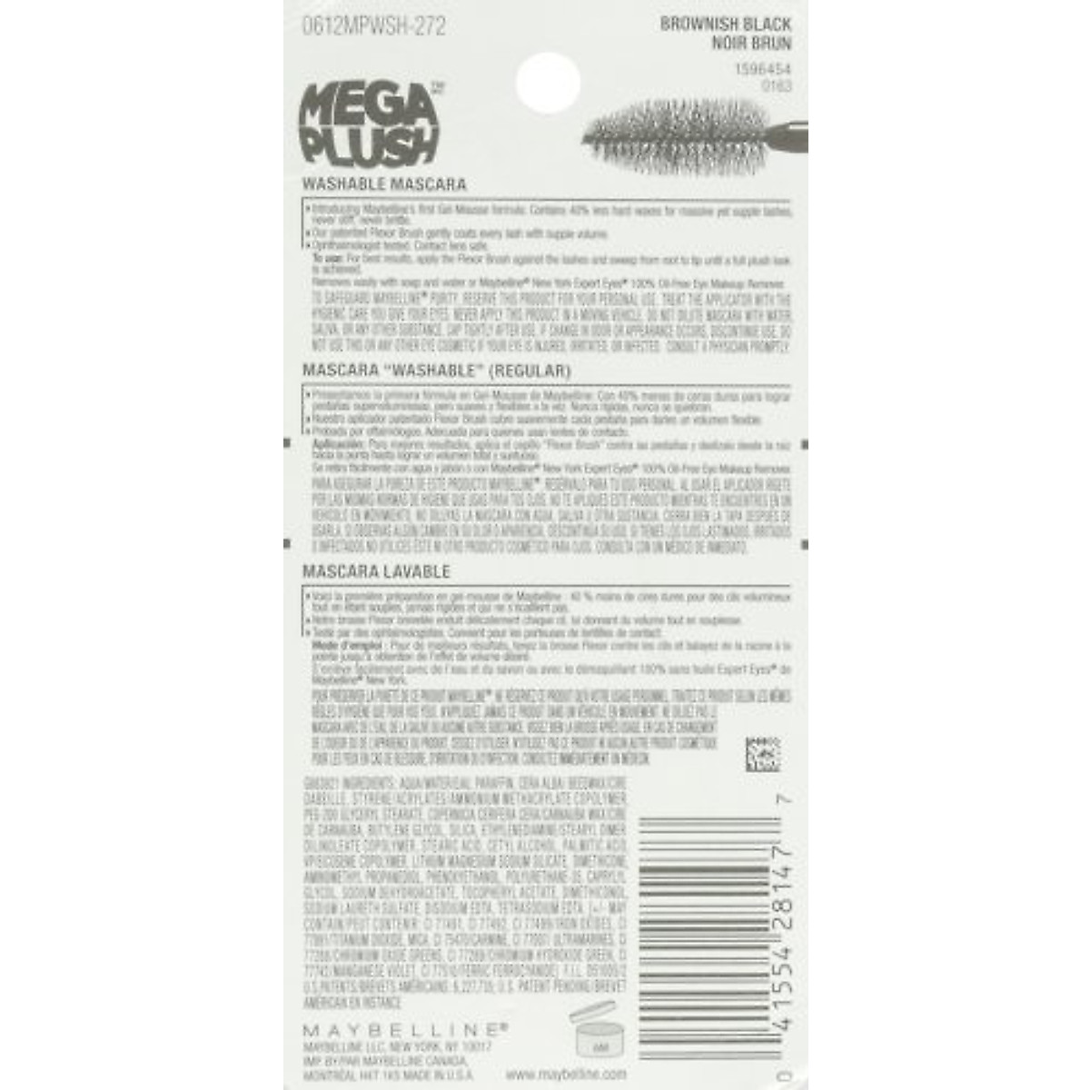 Maybelline New York Volume Express Mega Plush Washable Mascara, Brownish Black, 0.3 Fluid Ounce