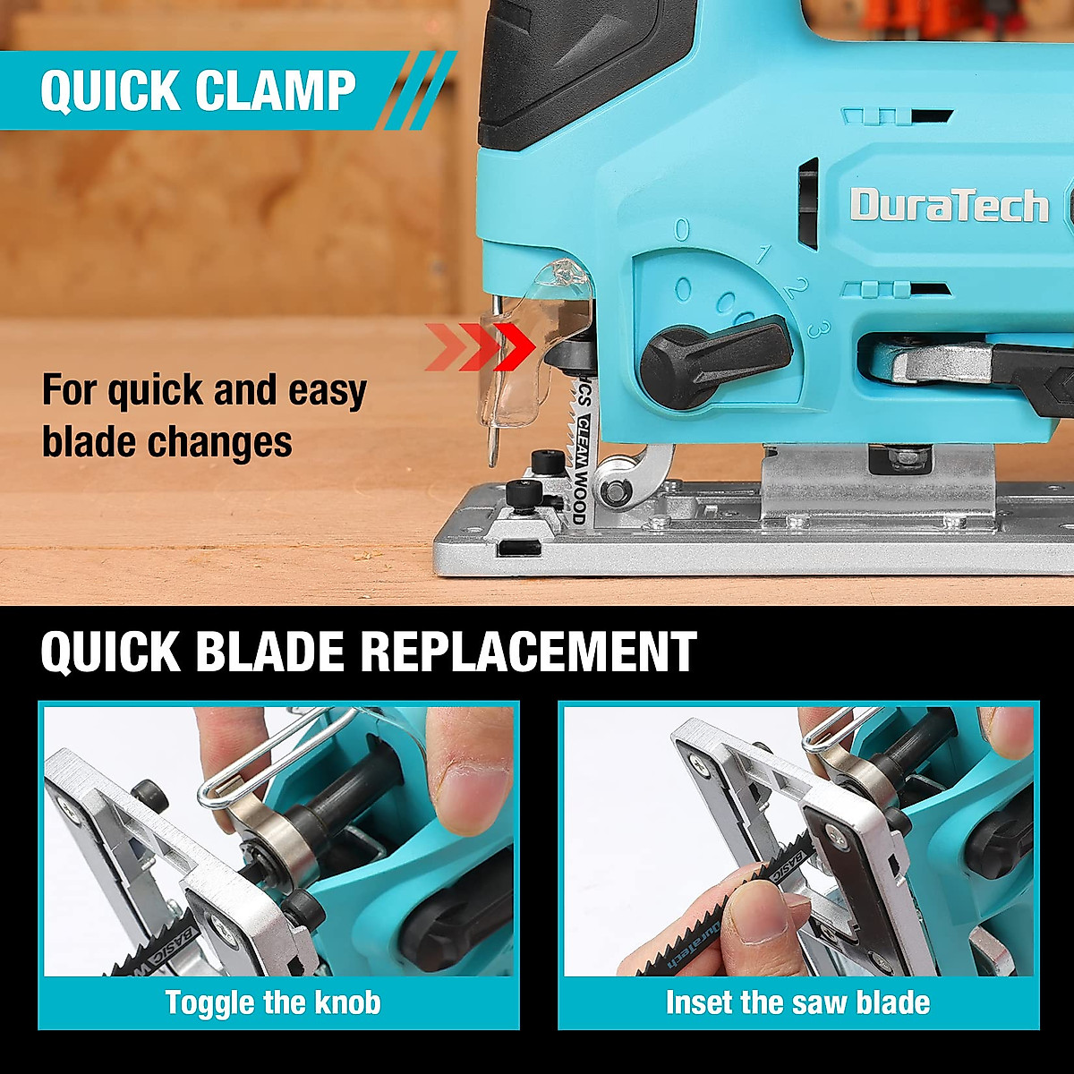 DURATECH Cordless Jig Saw, 20V Electric Jigsaw with 4.0A Battery and Charger, 2800 SPM Adjustable Speed, ±45° Bevel, Dust Blower and 7Pc Blades, Jigsaw Tool Kit for Wood, Metal and Plastic Cutting