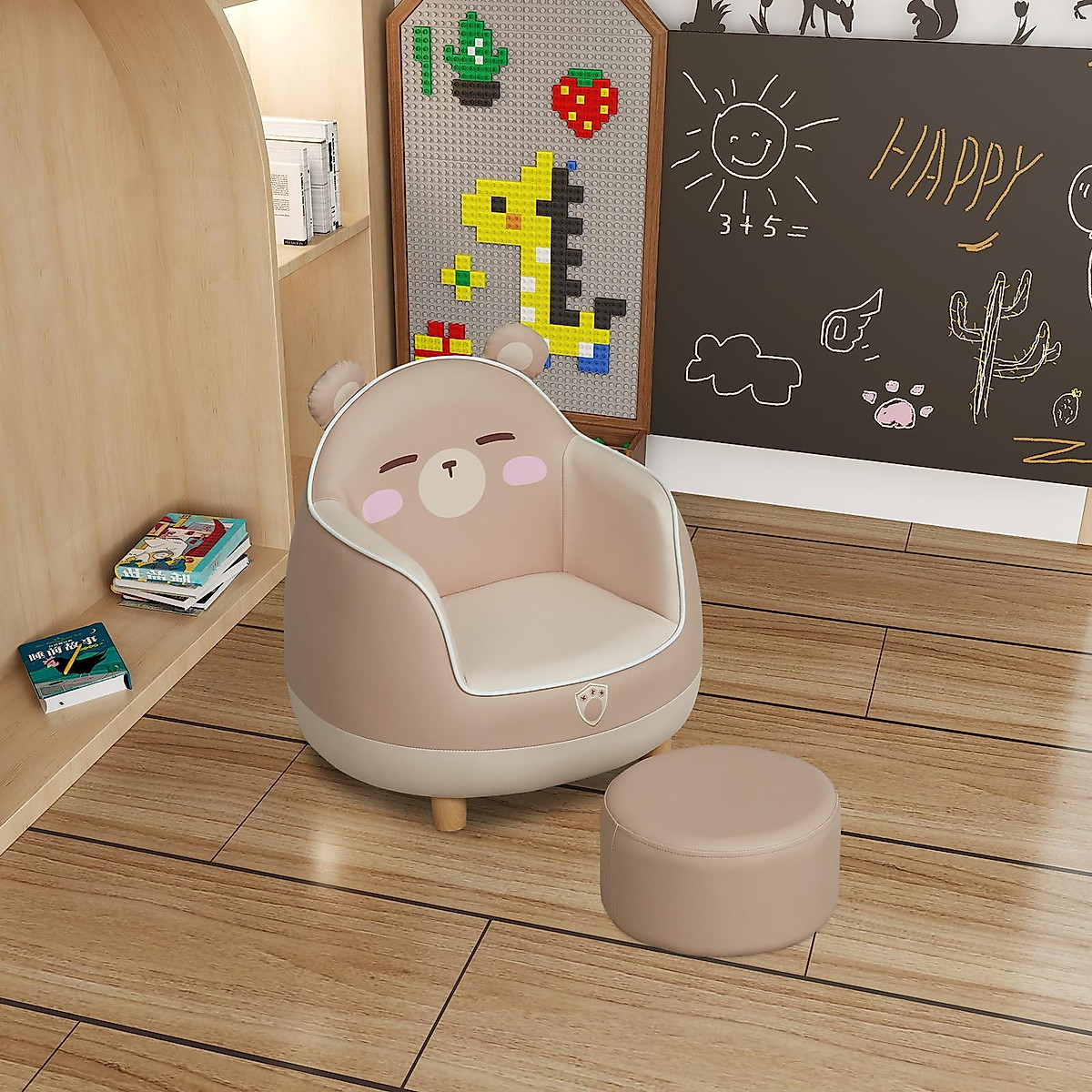 Kinsuite Leather Toddler Armchair with Ottoman- Bear Animal Kids Sofa Toddler Reading Chair Toddler Lounge Sofa Recliner for Nursery School Game Room Kindergarten Living Room, Brown