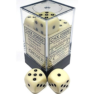 Chessex Dice d6 Set: Opaque Ivory with Black - 16mm Six Sided Die (12) Block of Dice
