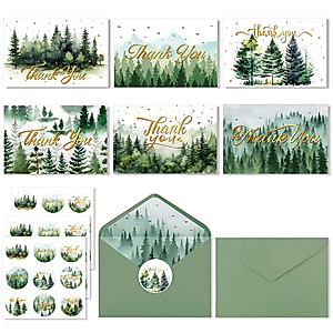 Konsait 24 Sheets Green Forest Thank You Cards with Envelopes, 6 Designs Watercolor Cards Pines Woodland Thank You Cards 4 x 6 in Thank You Cards Thank You Notes for Bridal Shower Wedding Baby Shower