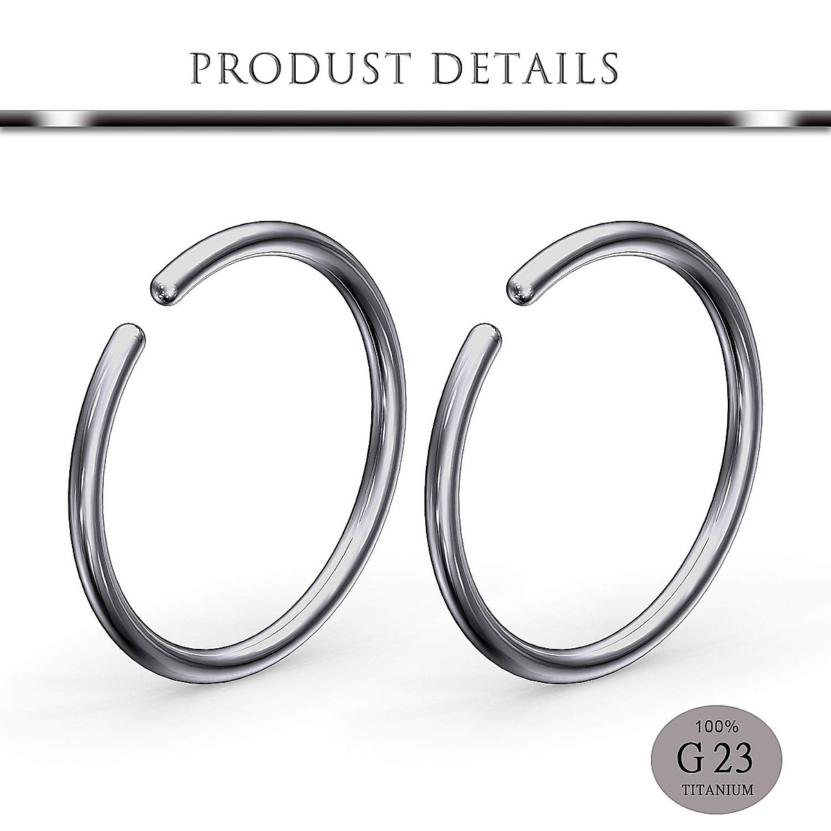 Hoeudjo 20G Titanium Nose Ring Hoop Cartilage Tragus Conch Helix Eearring Hoop Septum Piercing Jewelry for Women Men 6mm 8mm 10mm 3/8 inch