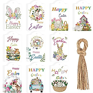 100 Pcs Easter Hang Tags Paper Hanging Happy Easter Themed Tags Labels Small Bunny Egg Basket White Watercolor Easter Gift Tags with String for Kids Holiday Party Name Craft DIY Wrapping Decorations