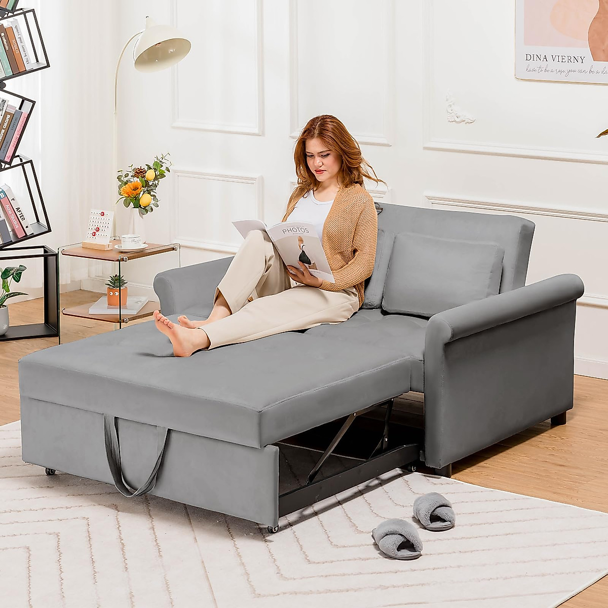 COMHOMA 55" Sleeper Sofa Bed, 3-in-1 Pull Out Couch Bed with Adjustable Backrest and Pillows, Convertible Sleeper Couch for Living Room and Office (Grey)