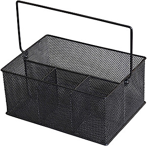 YBM HOME Mesh Basket Utensil Holder & Picnic Silverware Caddy Organizer with Four Compartments and Napkin Storage, Black