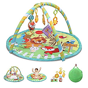 Kirumie Baby Play Gym, Baby Play Mats for Babies and Toddlers with 5 Toys. Visual, Hearing, Touch, Cognitive Development Baby Tummy Time Activity Mat, Gift Idea for Newborns with Storage Bag.