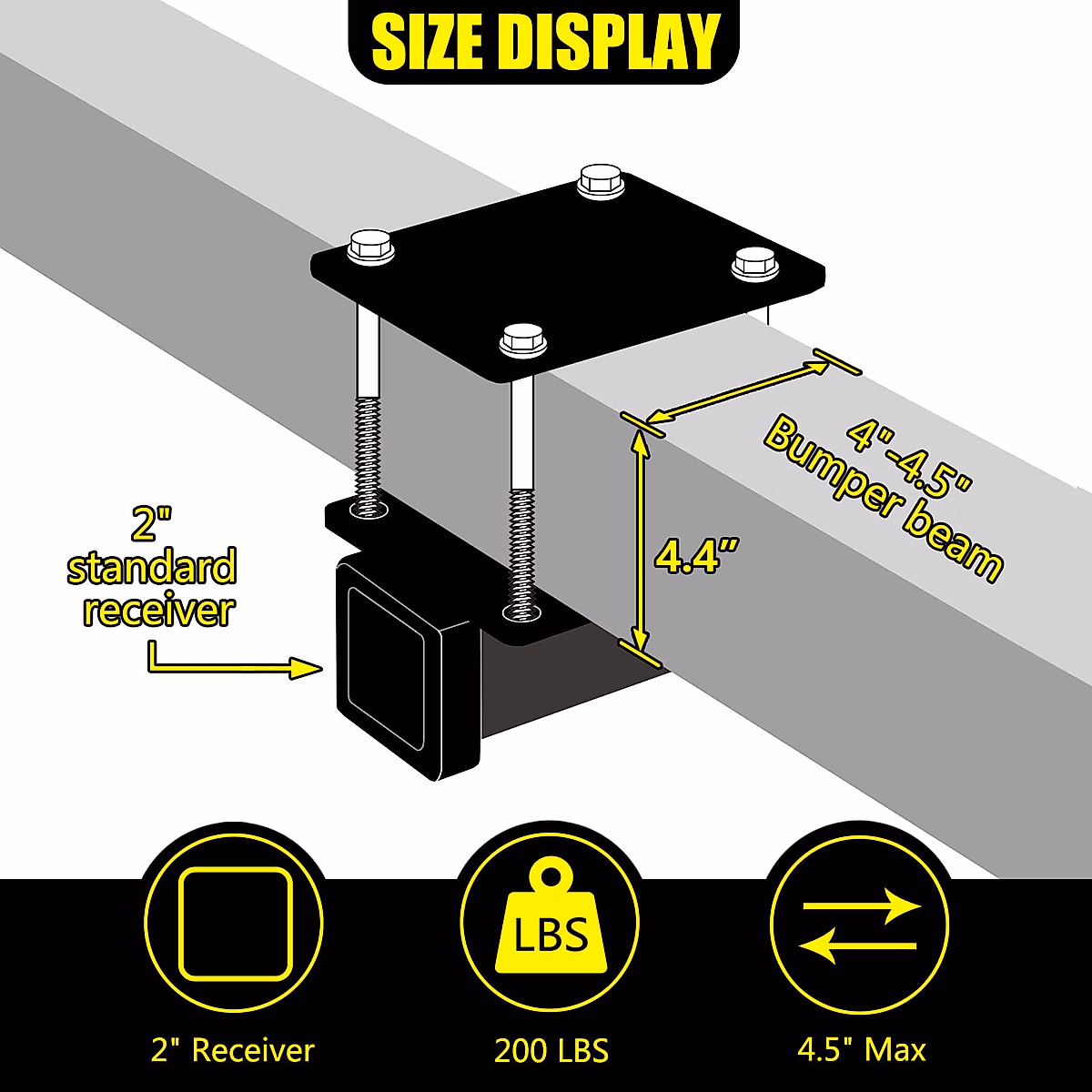 KAIRAY Bolt-on RV Bumper Hitch Receiver Adapter for 4-4.5'' Beams，2'' Receiver with Hith Pin & Hitch Cover, Trailer Rear Bumper for Camper Bike Racks Cargo Carriers