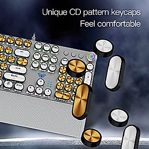 CHICHEN Mechanical Gaming Keyboard,BlueSwitches,USB Wired,Retro Steampunk Typewriter,Round Keycaps,for Game and Office,for Laptop Desktop Computer PC (Bkack-Blue switches)