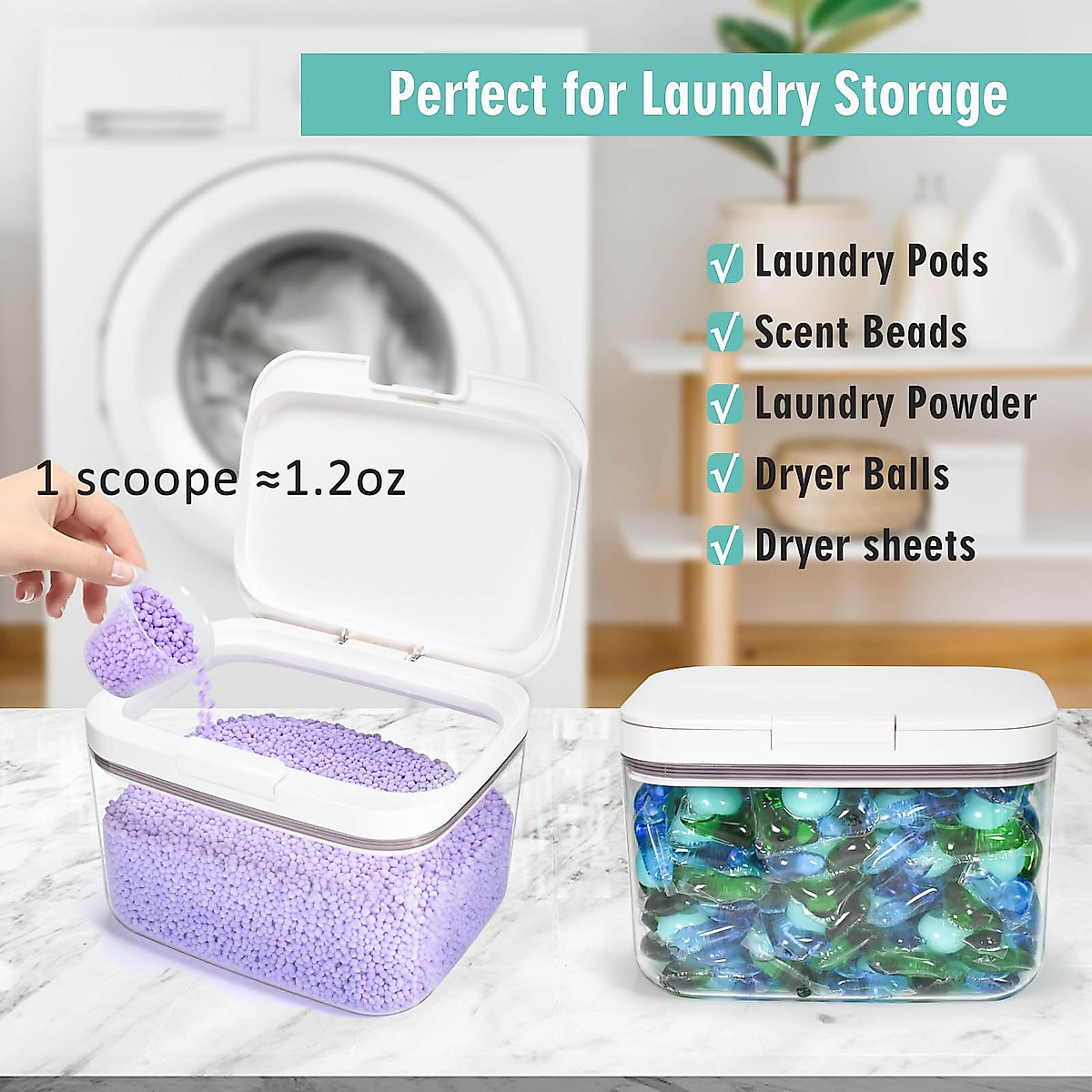 Pensino Laundry Pods Container Laundry Pod Holder with Lid, Laundry Room Storage Container for Detergent Pods Laundry Powder Scent Booster Container with Scoop