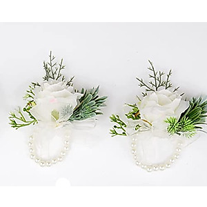 GOESUP 2 Pack Wedding Wrist Flower Floral Ivory Rose Wrist Corsage Hand Flowers for Wedding Engagement Bride Bridesmaid (White)