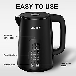 Onlicuf Temperature Control Electric Kettle, Long-term Keep Warm 304 SS Interior 1.7 L Electric Tea Kettle & Hot Water Boiler with Real Time Display,Auto-Off & Boil-Dry Protection, BPA Free