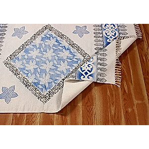 Casavani Hand Block Printed Cotton Dhurrie Geometric Blue & Beige Tassel Rug Easy Care Washable Rugs for Doormat Entryway Living Room Bedroom Hallway Balcony 4x8 Feet