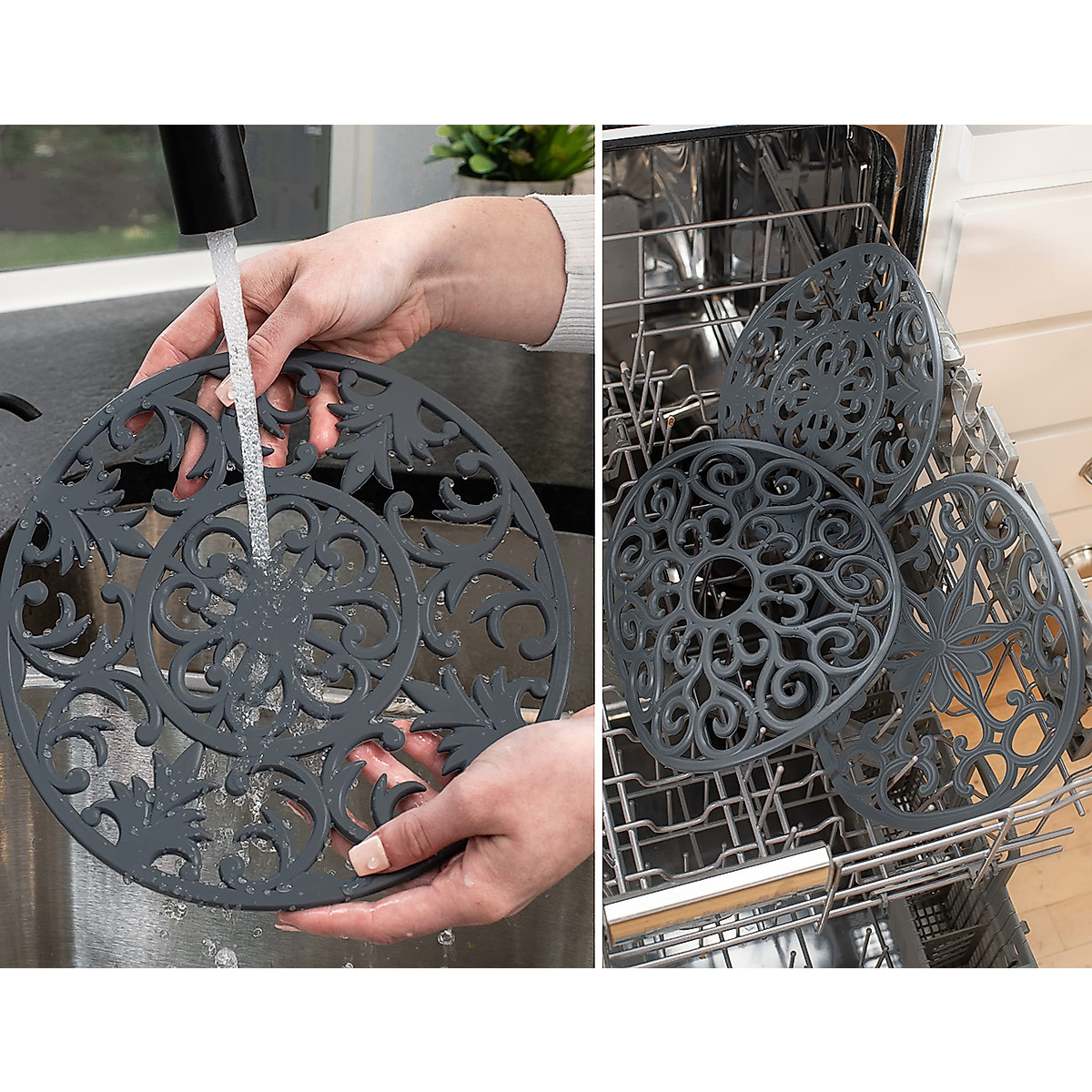 gasaré, Extra Large, Extra Thick, 10" Silicone Trivets for Hot Dishes, Pots, and Pans, Heat Resistant, Nonslip, Dishwasher Safe, for Countertops and Dining Tables, 10 x 1/4 Inches, Set of 3, Gray