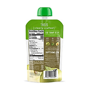 Happy Baby Organics Stage 2 Baby Food Pouches, Gluten Free, Vegan & Healthy Snack, Clearly Crafted Fruit & Veggie Puree, Apples, Kale & Avocados, 4 Ounces (Pack of 16)