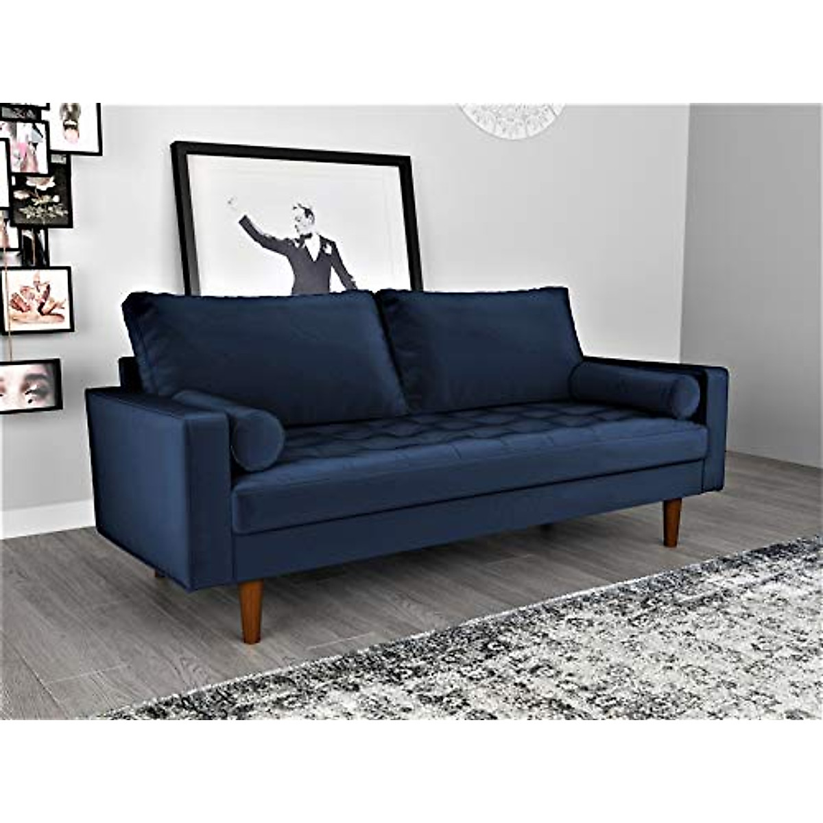 Container Furniture Direct Womble Modern Velvet Upholstered Living Room Diamond Tufted Chesterfield Sofa with Gleaming Nailheads, Misty Blue
