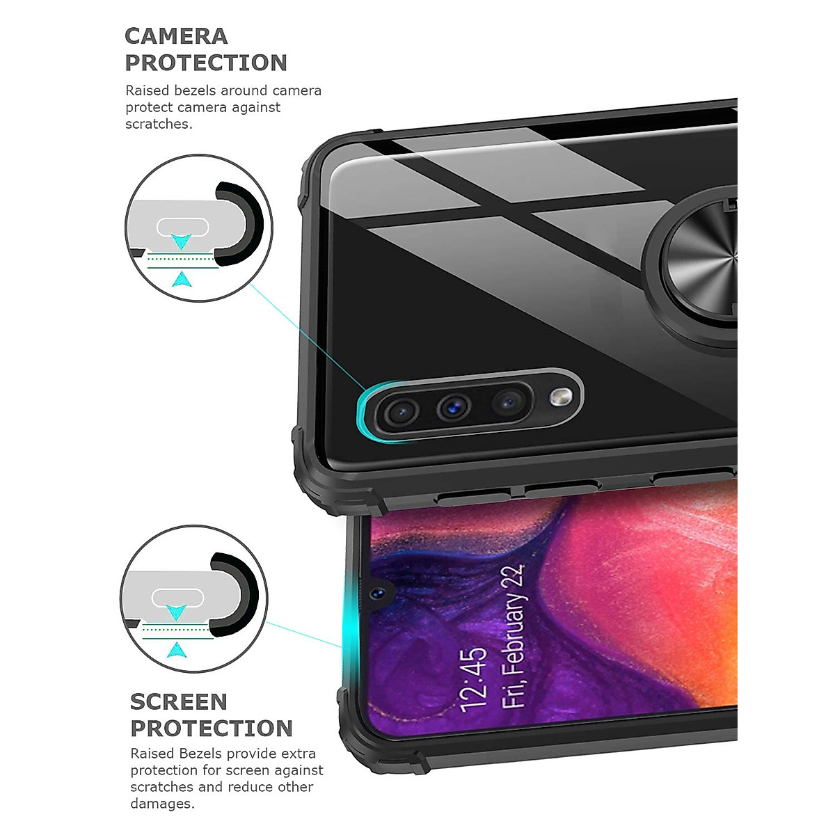 GREATRULY Kickstand Case for Samsung Galaxy A50 / A50s,Drop Protection Clear Case for Galaxy A50 / A50s,Slim Phone Cover Shell,Soft Bumper + Hard Back + Ring Stand Fits Magnetic Car Mount,Black