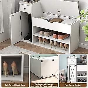 Loomie Shoe Storage Bench, 2-Tier Farmhouse Entryway Bench with Lift Top Storage Box, Drawer & Soft Removable Seat Cushion, Silm Shoe Rack with Shoe Cabinet for Entryway, Hallway, Bedroom, White