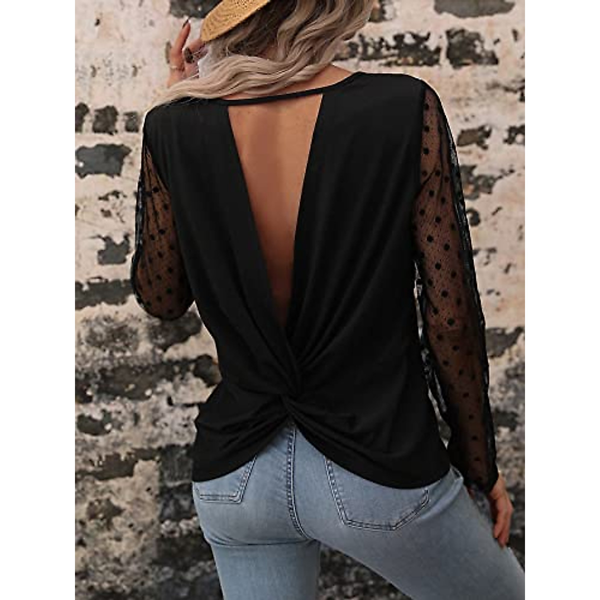 WDIRARA Women's V Neck Polka Dots Sheer Mehs Long Sleeve Twist Backless Sexy Top Black M