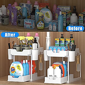 2 Pack Under Sink Organizers and Storage 2-Tier Double Sliding Pull-out Drawer, SDXYSTCE Multi-purpose Under Sink Organizer for Kitchen and Bathroom with 4 Hooks, 2 Hanging Cup,White