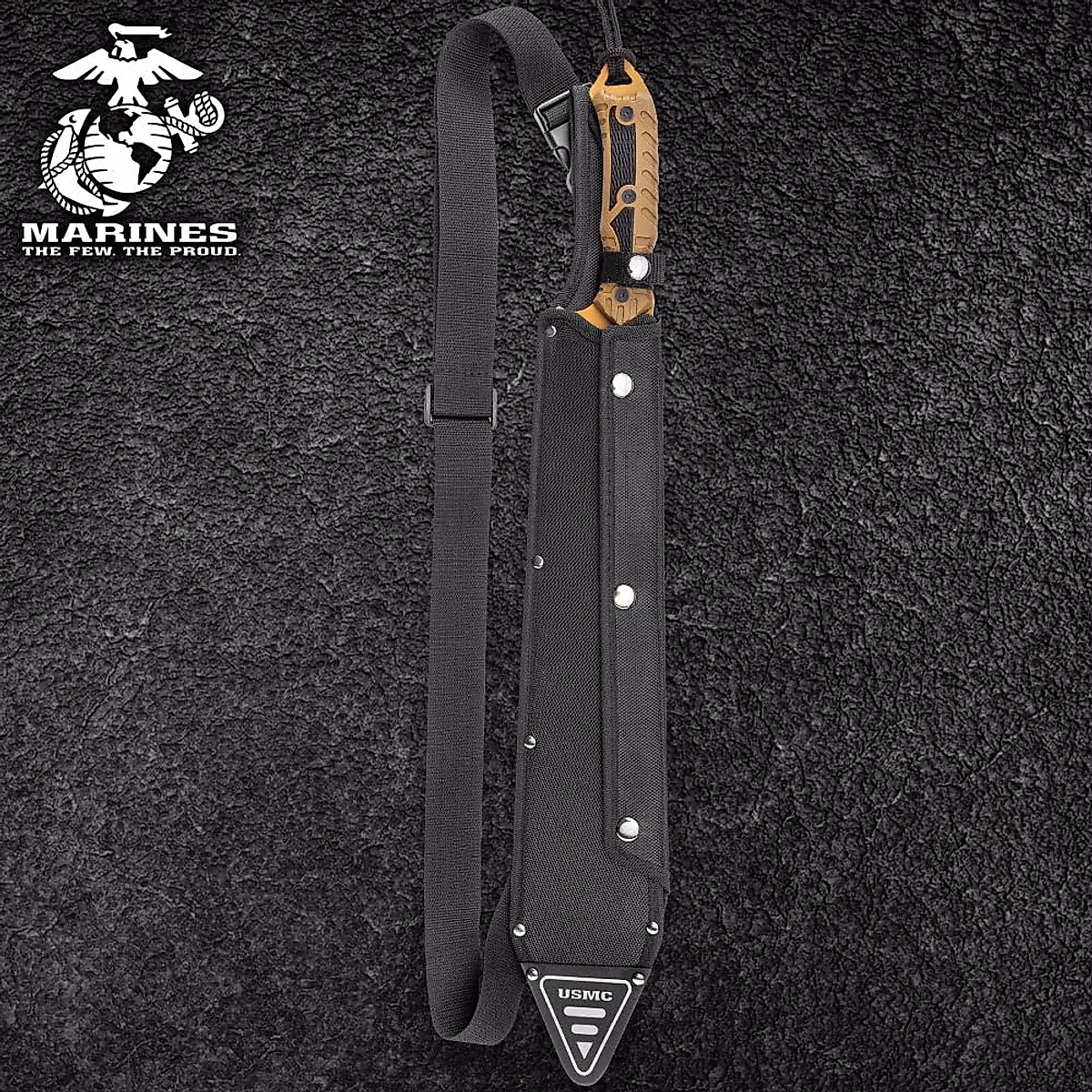 USMC Desert OPS Sawback Machete with Shoulder Strap Sheath - Officially Licensed By United States Marine Corps, Stainless Steel Blade, Non-Reflective Finish, ABS Handle - For Outdoors Job - Length 24"
