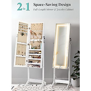 LUXFURNI LED Light Jewelry Cabinet Standing Full Screen Mirror Makeup Lockable Armoire, Large Cosmetic Storage Organizer w/Brush Holder (White)