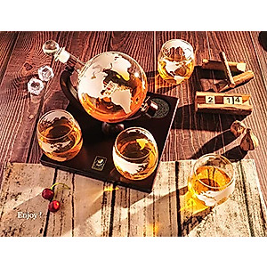 LiquorKnight Globe Whiskey Decanter Set/Hand-Blown Lead-Free Glass/Wooden Stand/Liquor Dispenser Bar Set with 4 Glass/Whiskey Stones & Funnel/Antique Glass Ship/Home Bar Accessory