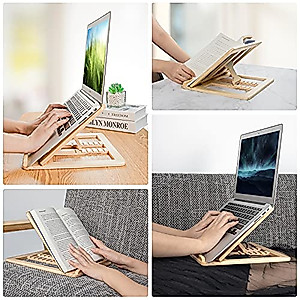 Skoioje Wooden Laptop Stand, Foldable Wood Laptop Riser Adjustable Computer Wooden MacBook Stand for Desk Portable Universal Notebook Laptop Holder with Multiple Angles for Laptops Up to 15.6 inches