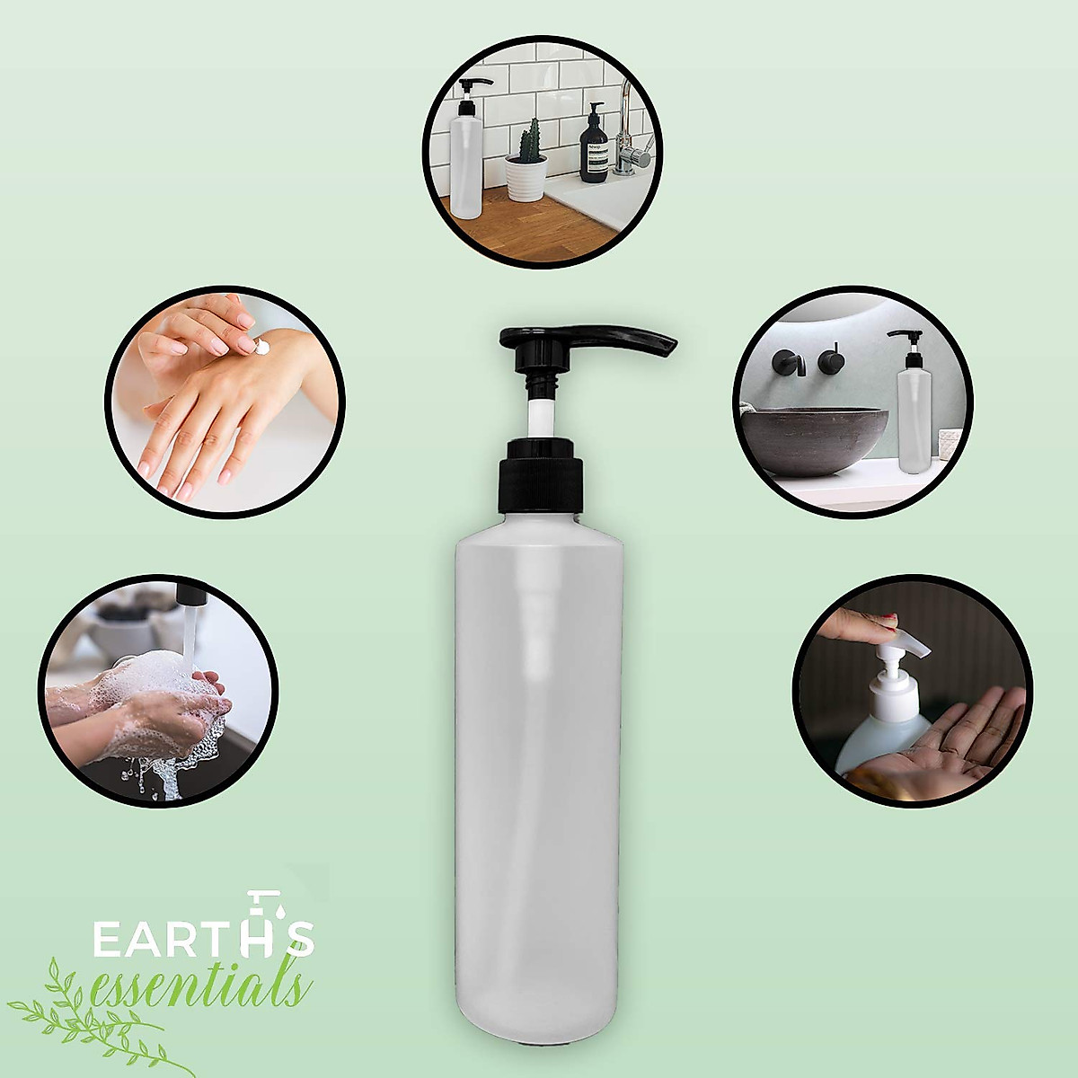 Earth's Essentials Two Pack Of Refillable 16 Oz. HDPE Plastic Pump Bottles With Patented Screw On Funnel-Great For Dispensing Lotions, Shampoos and Massage Oils.