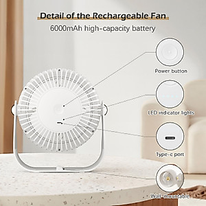 CIVPOWER Air Circulation Desk Fan: Rechargeable Table Fan with 6000 mAh Battery - 4 Speed and Timing - 270° Adjustable Quiet Fan for Bedroom/Office/Camp - White