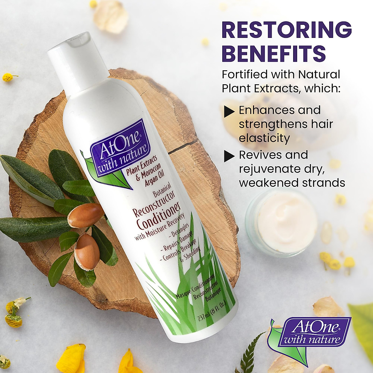 AtOne with Nature Reconstructor Conditioner - Restore and Strengthen Hair with Rosemary Extracts, Shea Butter, and Argan Oil - 8 Fl. Oz
