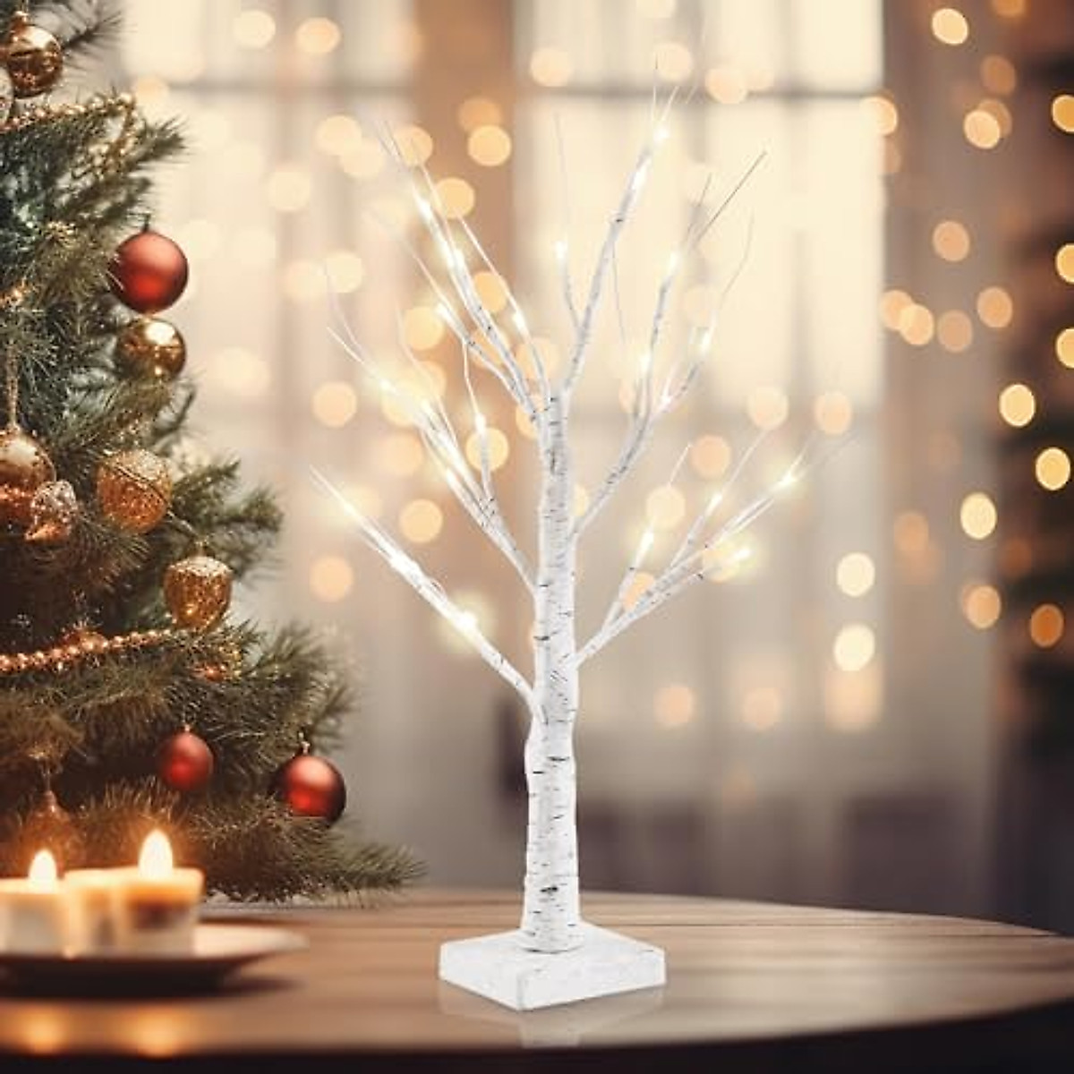hogardeck 2FT 24LT Led Lighted Birch Tree, White Money Artificial Tree for Christmas Decorations Indoor, Battery Powered Timer Xmas Winter Home Wedding Mantle Desk Table Top Centerpieces Decor
