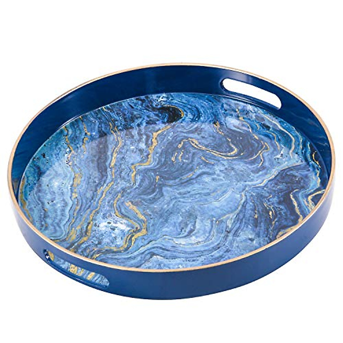 Zosenley Round Decorative Tray, Marbling Plastic Tray with Handles, Modern Vanity Tray and Serving Tray for Ottoman, Coffee Table, Kitchen and Bathroom, Size 13”, Blue