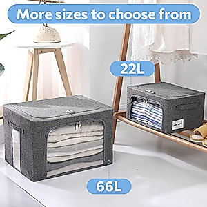 Clothes Storage Bins Box - Linen Fabric Foldable Stackable Container Organizer Set with Clear Window & Carry Handles & Metal Frame - 2Pack Large Capacity for Bedding, Blankets, Toys, Books