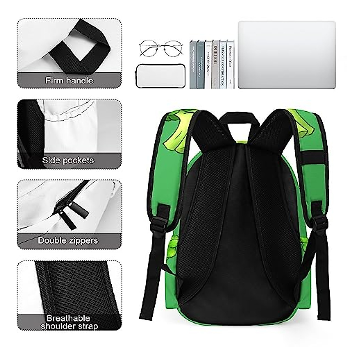 Broccoli Cartoon Laptop Backpack Printed Shoulder Bag Casual Daypack Travel Camping Work Bags