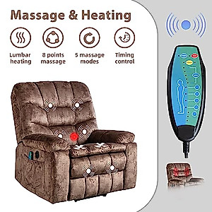 Phoenix Home Large Power Lift Chair with Massage and Heat for Elderly Recliner, Brown