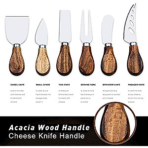 Cheese Knife, ONIPU 6-Piece Wood Handle Stainless Steel Cheese Knife Set, Cheese Accessories Knives, Cut, Slice, Shave Spread All Kinds of Hard and Soft Cheese Tool, Gift Box Serving for All Occasions