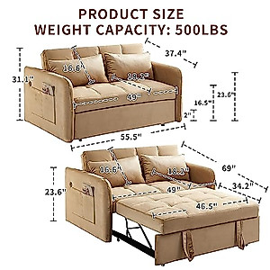 NIOIIKIT 3-in-1 Convertible Sleeper Sofa Bed, Modern Velvet Loveseat Sofa Couch, Chaise Lounge with Adjustable Backrest, Pillows, Pocket, Pull Out Bed for Living Room, Bedroom (Khaki)