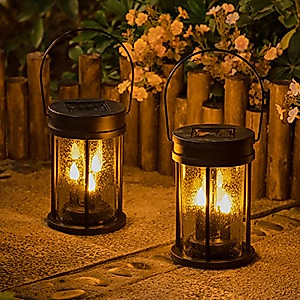 Solar Garden Lanterns Outdoor Hanging Flickering Candle Lights with Raindrop Decorative Mission Lights for Patio Decor, Yard, Table, Pathway 2 Pack