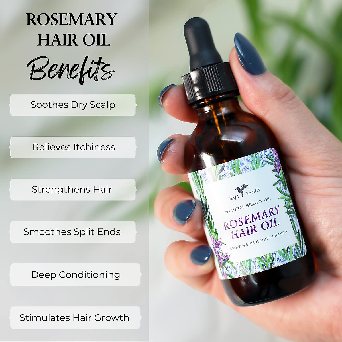 Baja Basics Organic Rosemary Oil: Hair Growth, Moisturizing for Split Ends & Dry Scalp, Hair Strengthening, All Hair Types, 2 oz