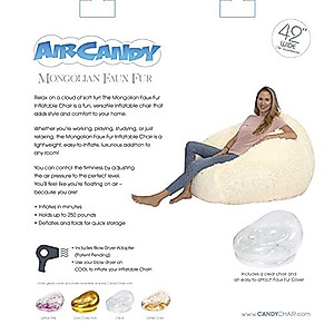 Air Candy Mongolian Faux Fur Ivory White Inflatable Chair, Premium, Soft, Fluffy Fur, Contemporary Design for Bedroom, Dorm, Living Room, Gaming, Removable and Washable Fur Cover