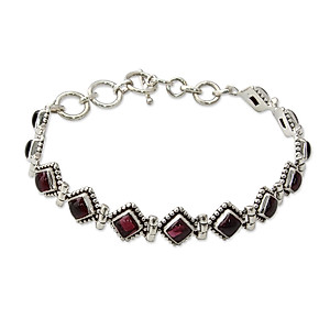 NOVICA Artisan Handmade Garnet Tennis Bracelet Red Artisan Crafted India Silver Sterling Style Birthstone [7.75 in min L x 8.5 in max L x 0.4 in W] ' Deep Red Diamonds'