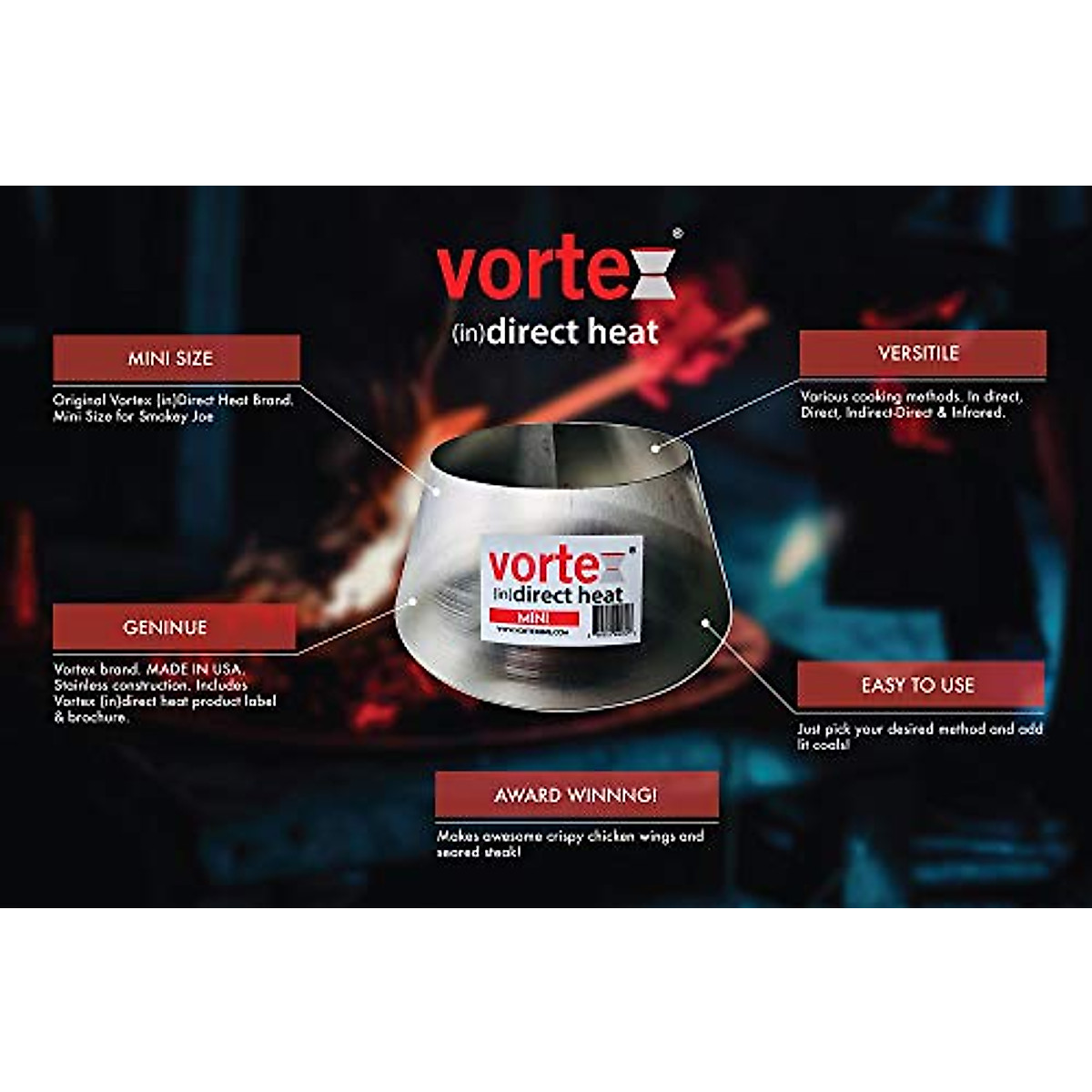 Mini BBQ Vortex™ (in) Direct Cooking Charcoal Grill Accessory Cone for BGE Kamado Jumbo Smokey Joe - Original - USA Made -Genuine Mini Size