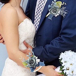Weslymoo Dusty Blue Rose Wrist Corsage and Boutonniere Set Artificial Prom Flower Corsage Wristlet Band Bracelet Wedding Accessories Prom Decorations