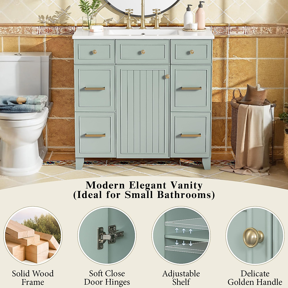 Harper & Bright Designs 36" Bathroom Vanity with Sink, Free Standing Single Basin Vanity Set with Cabinet and 3 Drawers, Modern Wooden Bathroom Cabinet with Ceramic Basin for Bathroom, Green