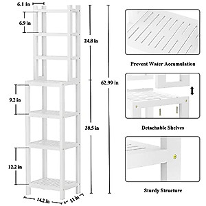 Homykic Bamboo Bathroom Storage Shelf, 7-Tier Detachable Narrow Shelf Freestanding Towel Rack Wood Corner Stand Organizer for Corner, Bathroom, Living Room, Bedroom, Kitchen, White