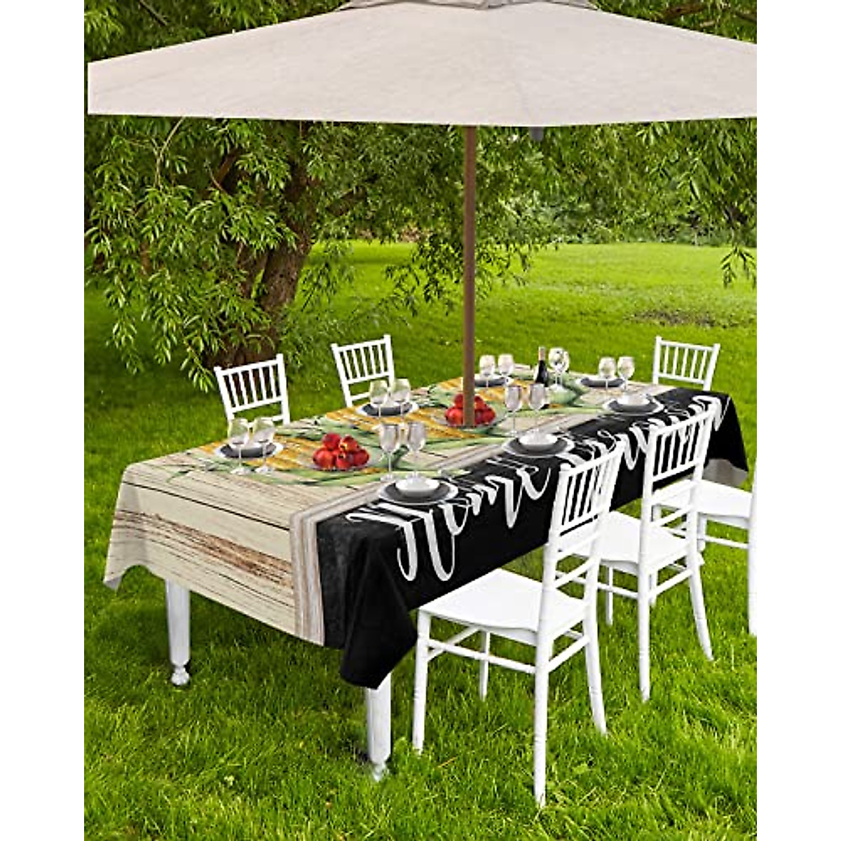 EZON-CH Outdoor Tablecloth with Umbrella Hole Zipper 60"x84", Farm Corn Rustic Wood Grain Rectangle Waterproof Table Cloth Table Covers for Dining, Garden, Courtyard, Patio, Camping, Picnic